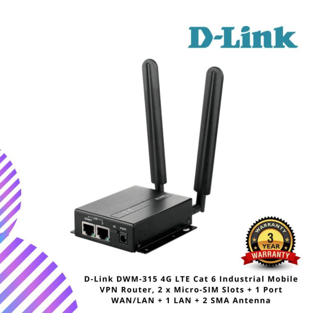 D-Link DWM-315 4G LTE Cat 6 Industrial Mobile VPN Router, 2 x Micro-SIM ...