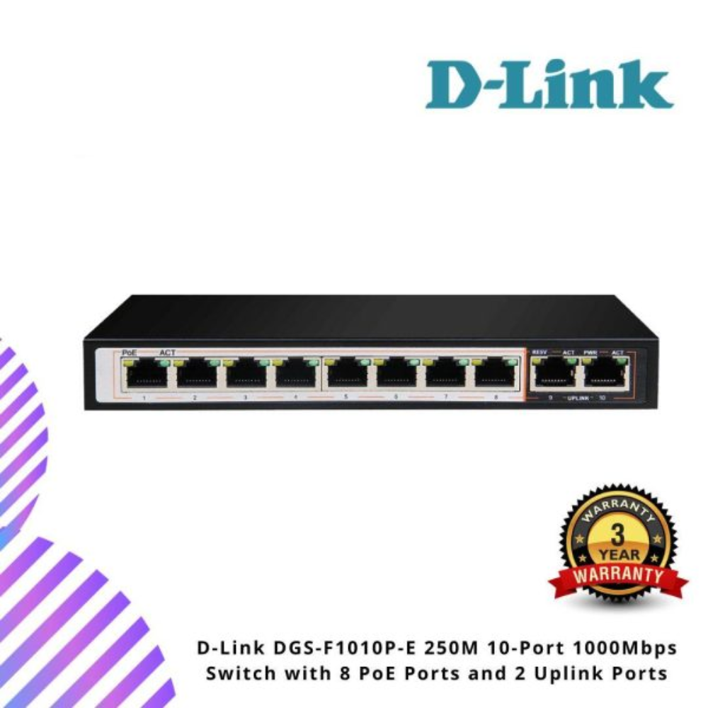 D-Link DGS-F1010P-E 250M 10-Port 1000Mbps Switch with 8 PoE Ports and 2 ...